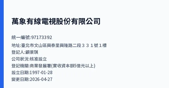 萬象有線電視股份有限公司的照片-統編 97173392(臺北市) 公司登記資料與營業項目詳細圖表