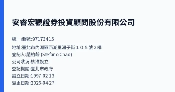 安睿宏觀證券投資顧問股份有限公司的照片-統編 97173415(臺北市) 公司登記資料與營業項目詳細圖表