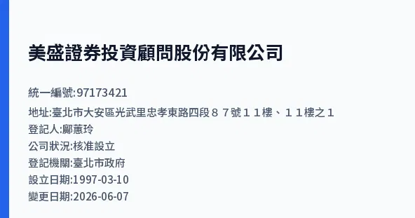 美盛證券投資顧問股份有限公司的照片-統編 97173421(臺北市) 公司登記資料與營業項目詳細圖表