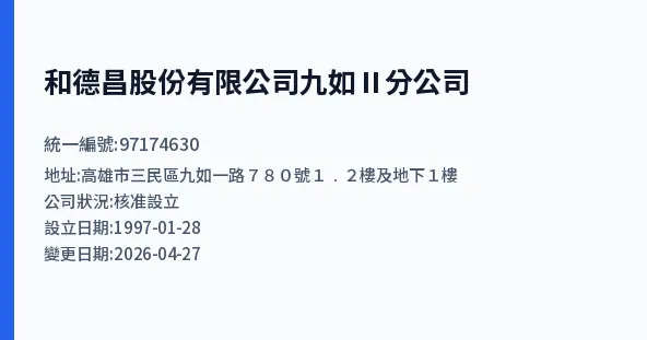 和德昌股份有限公司九如Ⅱ分公司的照片-統編 97174630(高雄市) 公司登記資料與營業項目詳細圖表