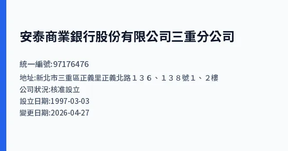 安泰商業銀行股份有限公司三重分公司的照片-統編 97176476(新北市) 公司登記資料與營業項目詳細圖表