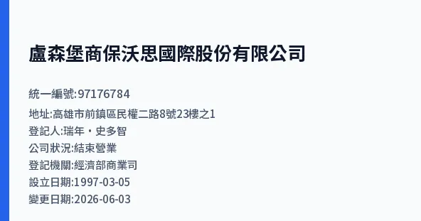 盧森堡商保沃思國際股份有限公司的照片-統編 97176784(高雄市) 公司登記資料與營業項目詳細圖表