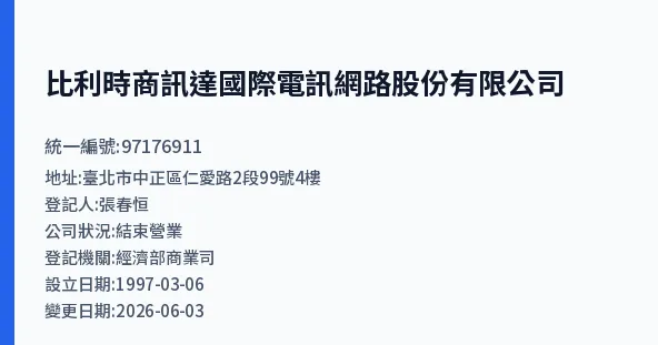 比利時商訊達國際電訊網路股份有限公司的照片-統編 97176911(臺北市) 公司登記資料與營業項目詳細圖表
