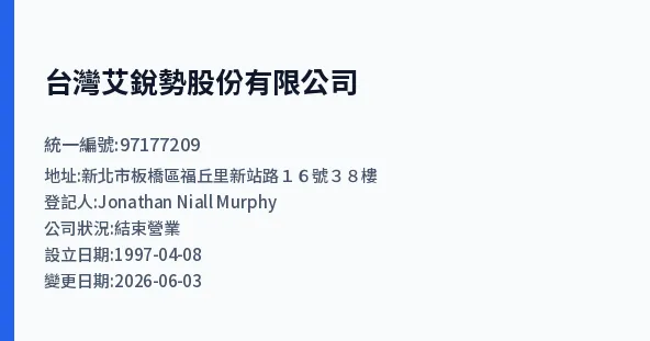 台灣艾銳勢股份有限公司的照片-統編 97177209(新北市) 公司登記資料與營業項目詳細圖表