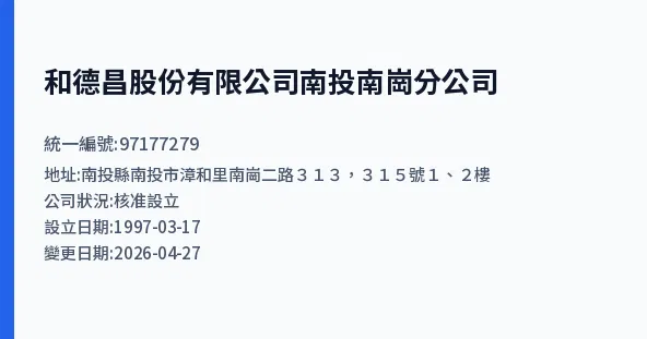 和德昌股份有限公司南投南崗分公司的照片-統編 97177279(南投縣) 公司登記資料與營業項目詳細圖表