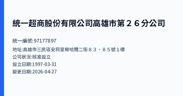 統一超商股份有限公司高雄市第26分公司的照片-統編 97177897(高雄市) 公司登記資料與營業項目詳細圖表