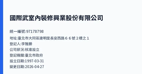 國際武室內裝修興業股份有限公司的照片-統編 97178798(臺北市) 公司登記資料與營業項目詳細圖表