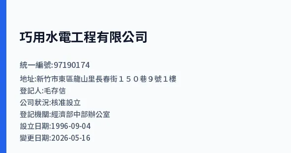 巧用水電工程有限公司的照片-統編 97190174(新竹市) 公司登記資料與營業項目詳細圖表