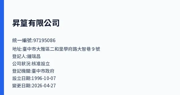 昇篁有限公司的照片-統編 97195086(臺中市) 公司登記資料與營業項目詳細圖表