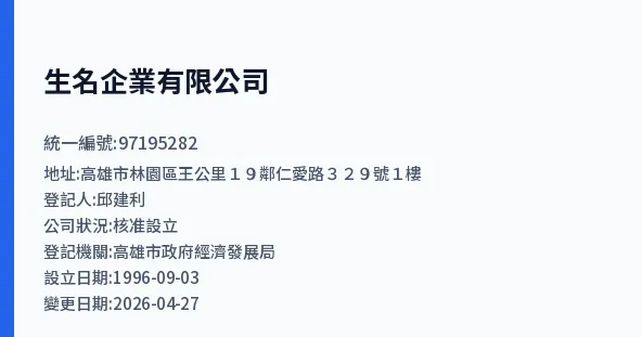 生名企業有限公司的照片-統編 97195282(高雄市) 公司登記資料與營業項目詳細圖表