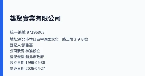 雄聚實業有限公司的照片-統編 97196803(新北市) 公司登記資料與營業項目詳細圖表