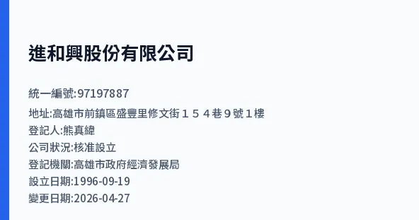 進和興股份有限公司的照片-統編 97197887(高雄市) 公司登記資料與營業項目詳細圖表