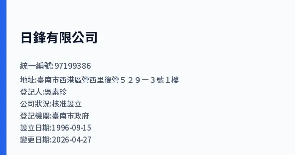 日鋒有限公司的照片-統編 97199386(臺南市) 公司登記資料與營業項目詳細圖表