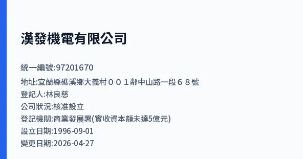 漢發機電有限公司的照片-統編 97201670(宜蘭縣) 公司登記資料與營業項目詳細圖表