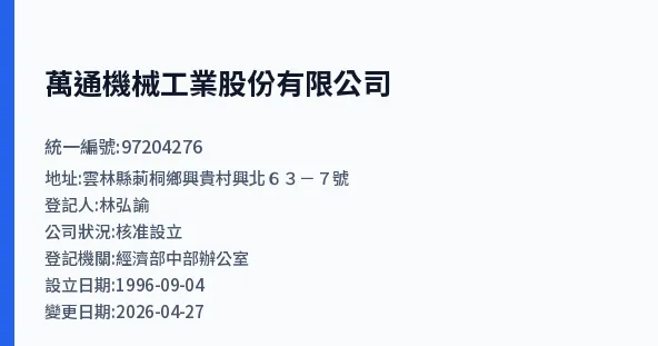 萬通機械工業股份有限公司的照片-統編 97204276(雲林縣) 公司登記資料與營業項目詳細圖表