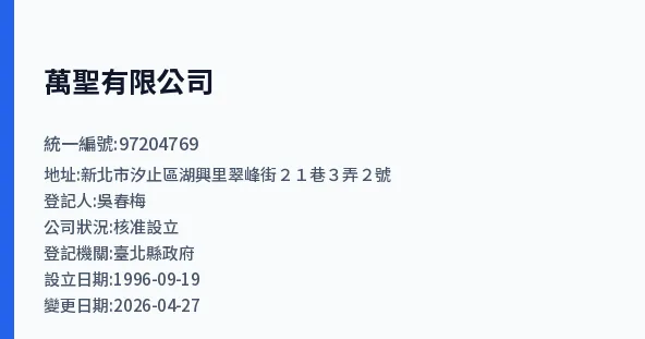 萬聖有限公司的照片-統編 97204769(新北市) 公司登記資料與營業項目詳細圖表