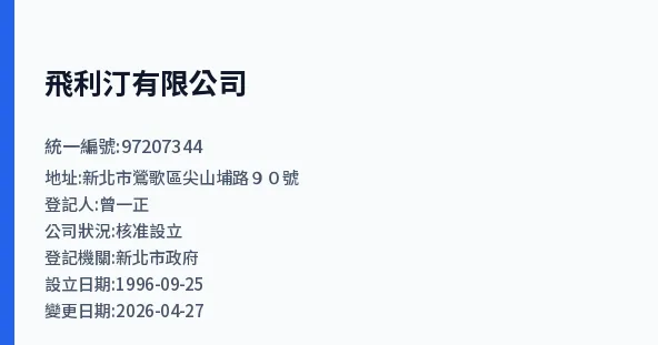 飛利汀有限公司的照片-統編 97207344(新北市) 公司登記資料與營業項目詳細圖表