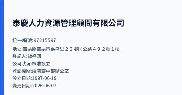 泰慶人力資源管理顧問有限公司的照片-統編 97215597(苗栗縣) 公司登記資料與營業項目詳細圖表