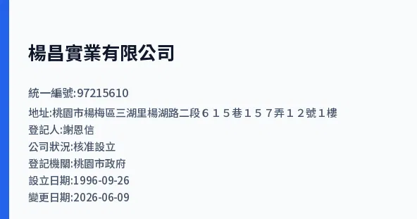 楊昌實業有限公司的照片-統編 97215610(桃園市) 公司登記資料與營業項目詳細圖表