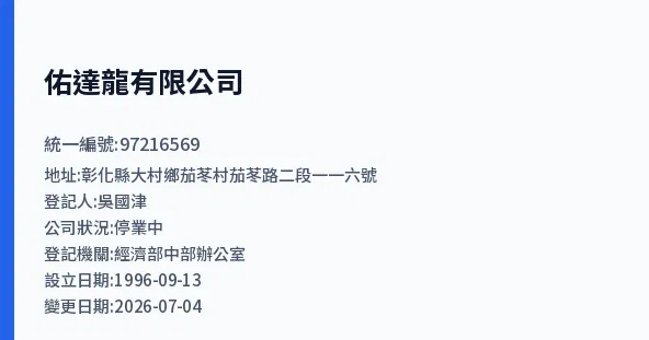 佑達龍有限公司的照片-統編 97216569(彰化縣) 公司登記資料與營業項目詳細圖表