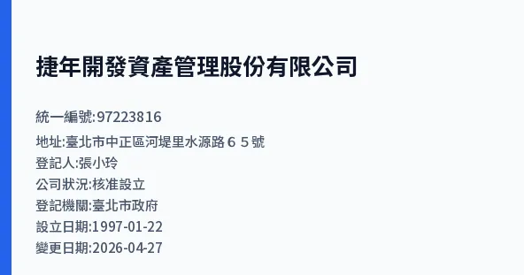捷年開發資產管理股份有限公司的照片-統編 97223816(臺北市) 公司登記資料與營業項目詳細圖表