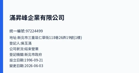 滿昇峰企業有限公司的照片-統編 97224499(新北市) 公司登記資料與營業項目詳細圖表