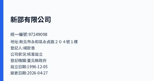 新邵有限公司的照片-統編 97249098(新北市) 公司登記資料與營業項目詳細圖表