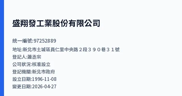 盛翔發工業股份有限公司的照片-統編 97252889(新北市) 公司登記資料與營業項目詳細圖表