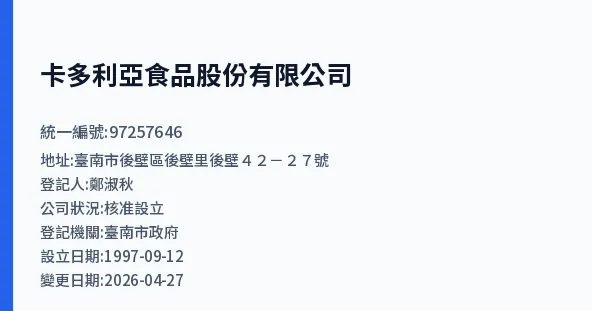 卡多利亞食品股份有限公司的照片-統編 97257646(臺南市) 公司登記資料與營業項目詳細圖表