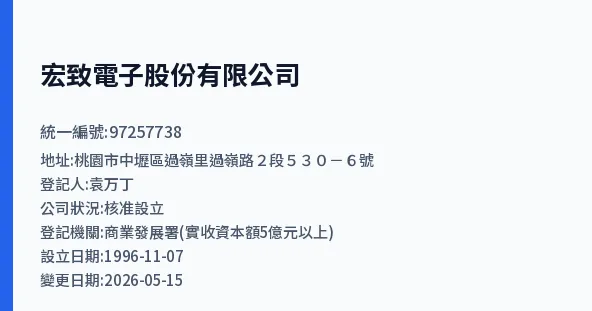 宏致電子股份有限公司的照片-統編 97257738(桃園市) 公司登記資料與營業項目詳細圖表