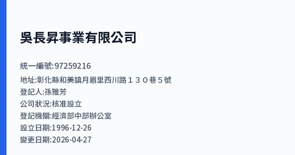 吳長昇事業有限公司的照片-統編 97259216(彰化縣) 公司登記資料與營業項目詳細圖表