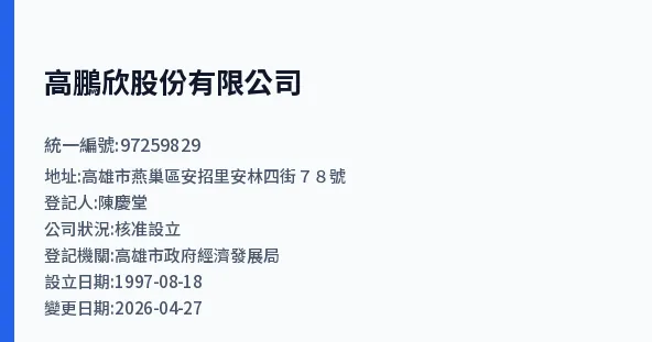 高鵬欣股份有限公司的照片-統編 97259829(高雄市) 公司登記資料與營業項目詳細圖表