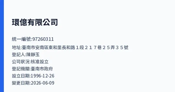 環億有限公司的照片-統編 97260311(臺南市) 公司登記資料與營業項目詳細圖表