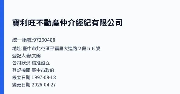 寶利旺不動產仲介經紀有限公司的照片-統編 97260488(臺中市) 公司登記資料與營業項目詳細圖表