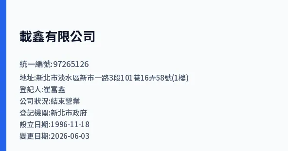 載鑫有限公司的照片-統編 97265126(新北市) 公司登記資料與營業項目詳細圖表