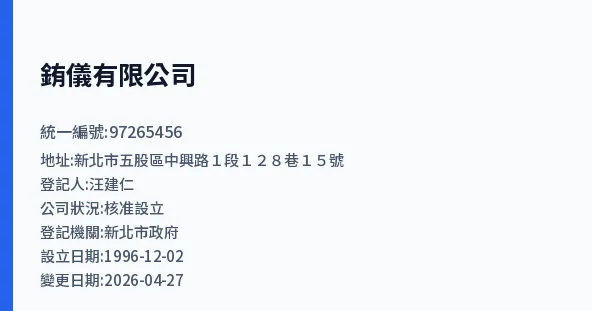 銪儀有限公司的照片-統編 97265456(新北市) 公司登記資料與營業項目詳細圖表