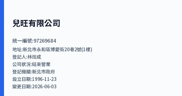 兒旺有限公司的照片-統編 97269684(新北市) 公司登記資料與營業項目詳細圖表