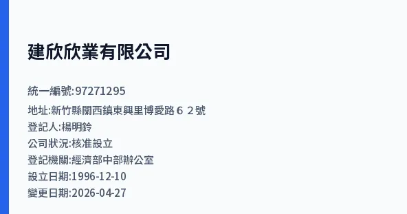 建欣欣業有限公司的照片-統編 97271295(新竹縣) 公司登記資料與營業項目詳細圖表