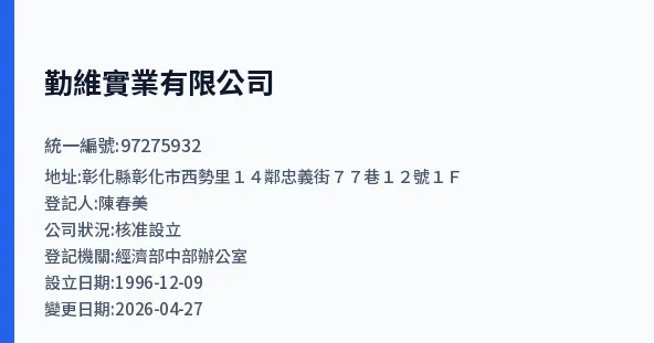 勤維實業有限公司的照片-統編 97275932(彰化縣) 公司登記資料與營業項目詳細圖表