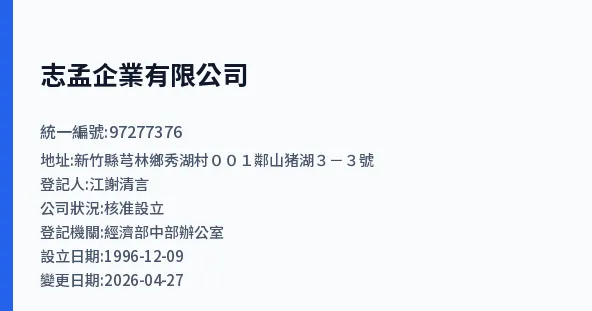 志孟企業有限公司的照片-統編 97277376(新竹縣) 公司登記資料與營業項目詳細圖表