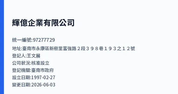 輝億企業有限公司的照片-統編 97277729(臺南市) 公司登記資料與營業項目詳細圖表