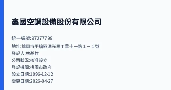 鑫國空調設備股份有限公司的照片-統編 97277798(桃園市) 公司登記資料與營業項目詳細圖表