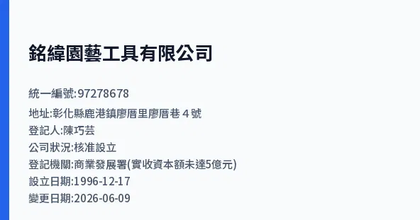 銘緯園藝工具有限公司的照片-統編 97278678(彰化縣) 公司登記資料與營業項目詳細圖表