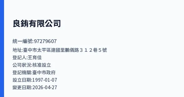 良銪有限公司的照片-統編 97279607(臺中市) 公司登記資料與營業項目詳細圖表