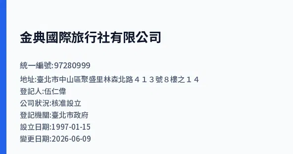 金典國際旅行社有限公司的照片-統編 97280999(臺北市) 公司登記資料與營業項目詳細圖表
