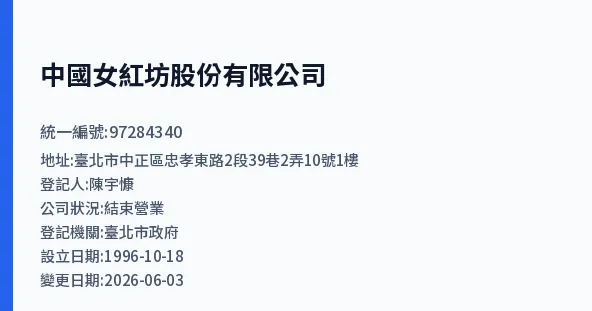 中國女紅坊股份有限公司的照片-統編 97284340(臺北市) 公司登記資料與營業項目詳細圖表