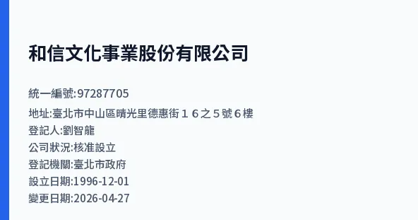 和信文化事業股份有限公司的照片-統編 97287705(臺北市) 公司登記資料與營業項目詳細圖表
