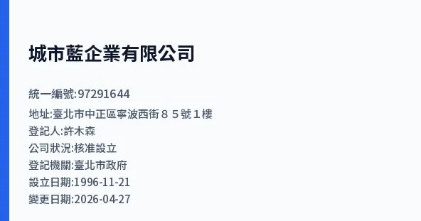 城市藍企業有限公司的照片-統編 97291644(臺北市) 公司登記資料與營業項目詳細圖表