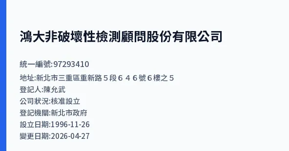 鴻大非破壞性檢測顧問股份有限公司的照片-統編 97293410(新北市) 公司登記資料與營業項目詳細圖表