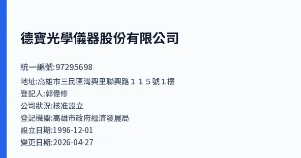 德寶光學儀器股份有限公司的照片-統編 97295698(高雄市) 公司登記資料與營業項目詳細圖表